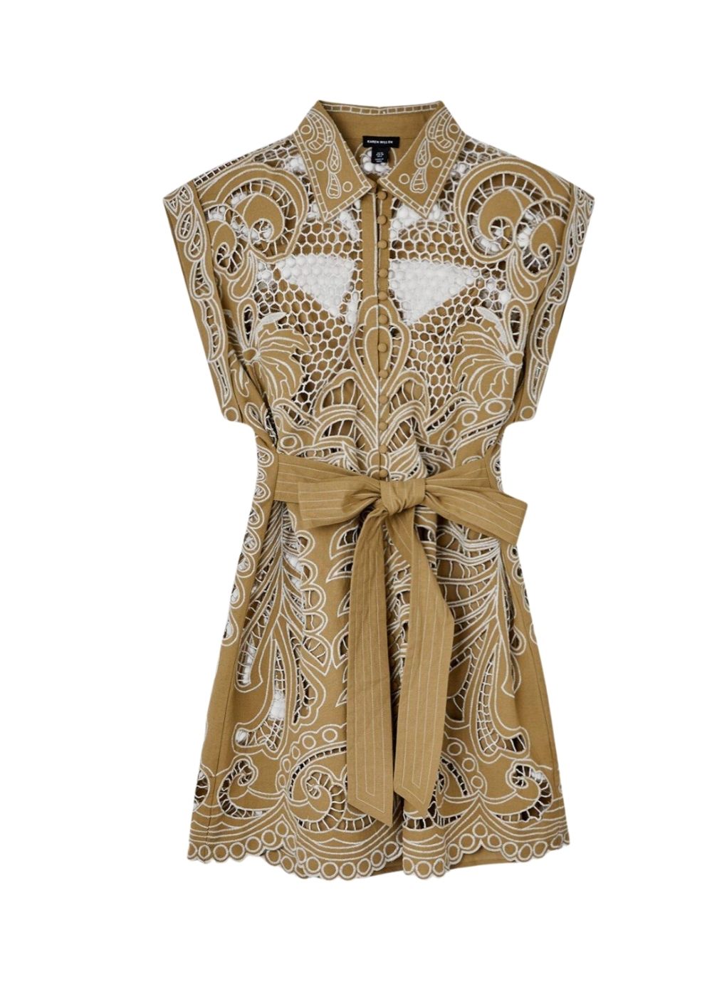 Linen Cutwork Embroidery Woven Mini Dress.khaki - J. Cathell