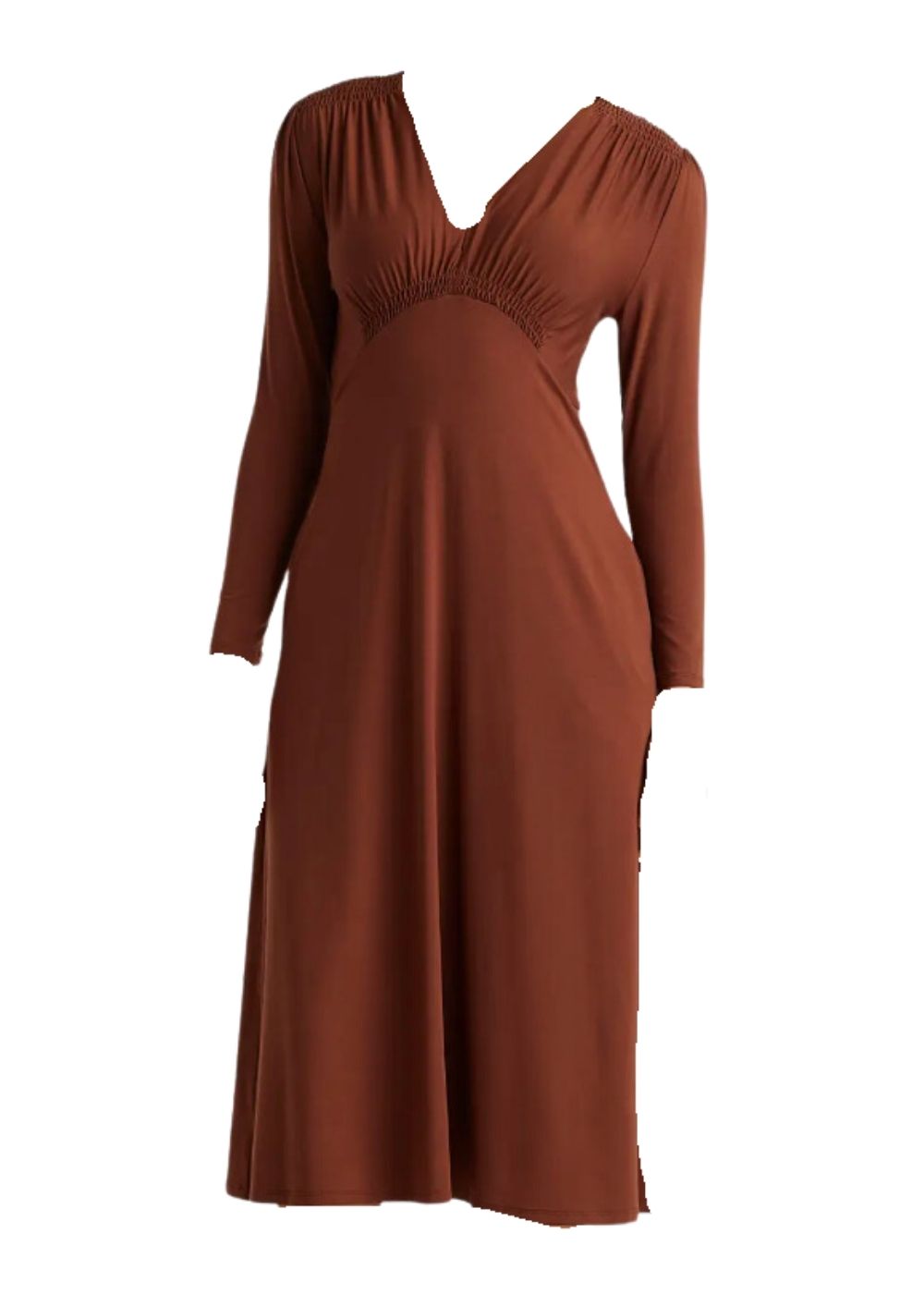 quince,Tencel Jersey V-Neck Long Sleeve Midi Dress,brown - J. Cathell
