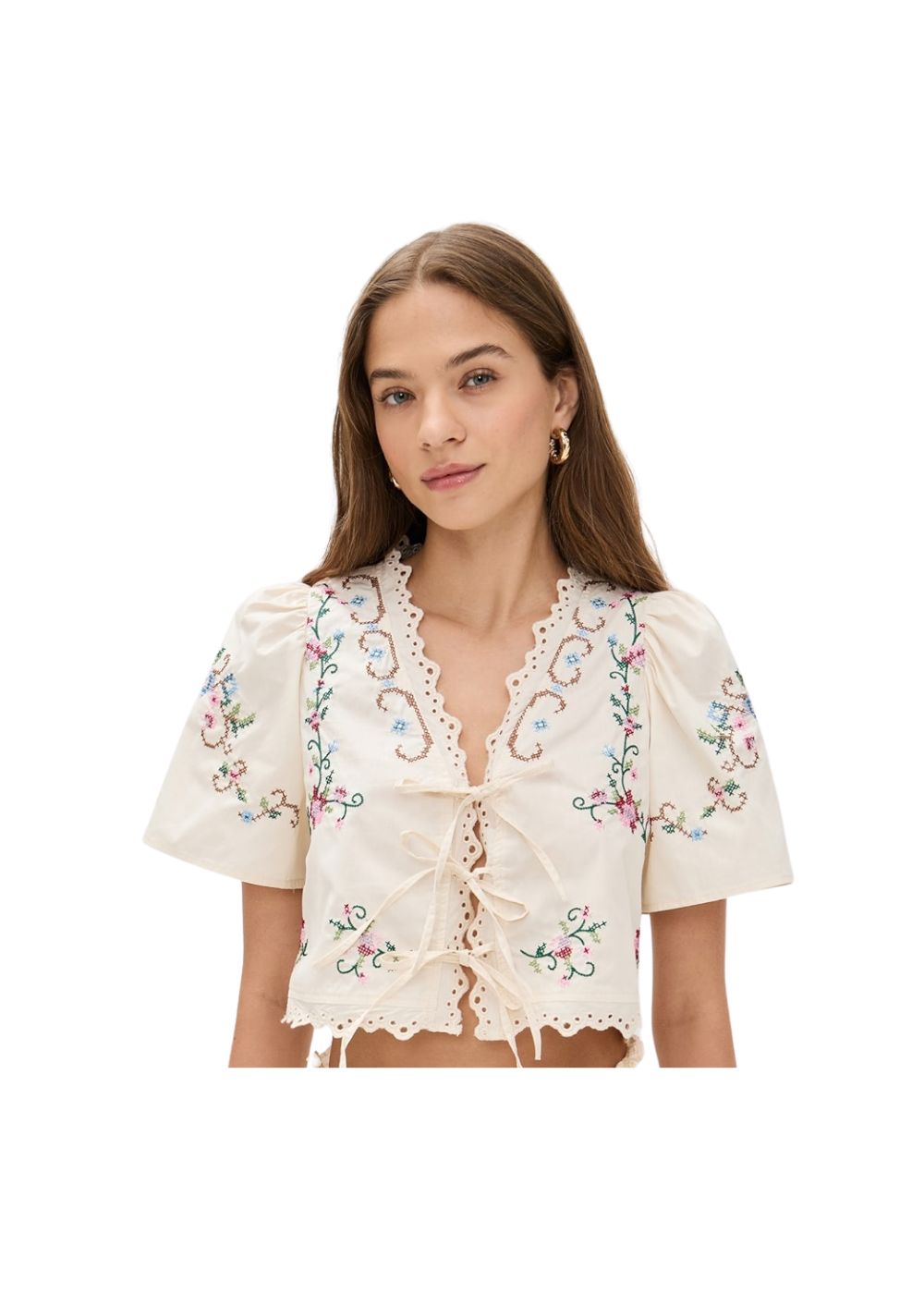 Moon River Short Puff Sleeve Eyelet Detail Top,cream multi - J. Cathell