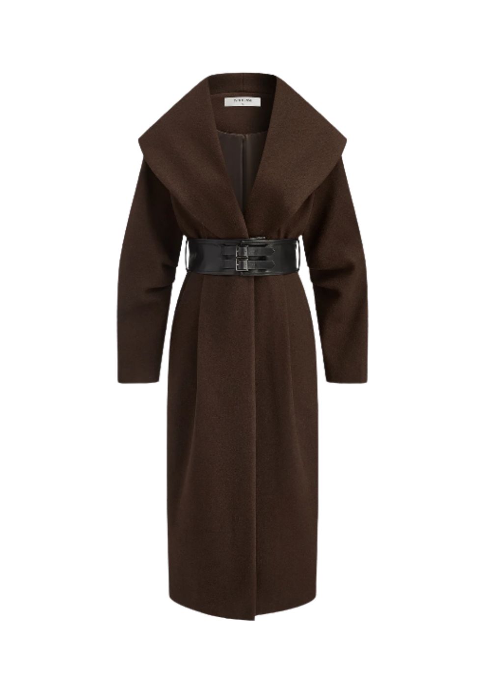Commense, Oversized Collar Tweed Long Coat with Wide Belt, Dark Brown ...
